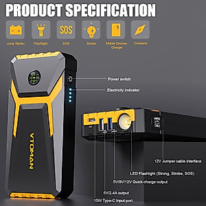 VTOMAN V6 Pro 2000A Jump Starter, Car Battery Jumper Starter Portable for 7L Gas/5L Diesel Engines, Jump Box,12V Auto Jump Start Battery Pack, Lithium Booster Pack, Portable Charger and Jumper Cables