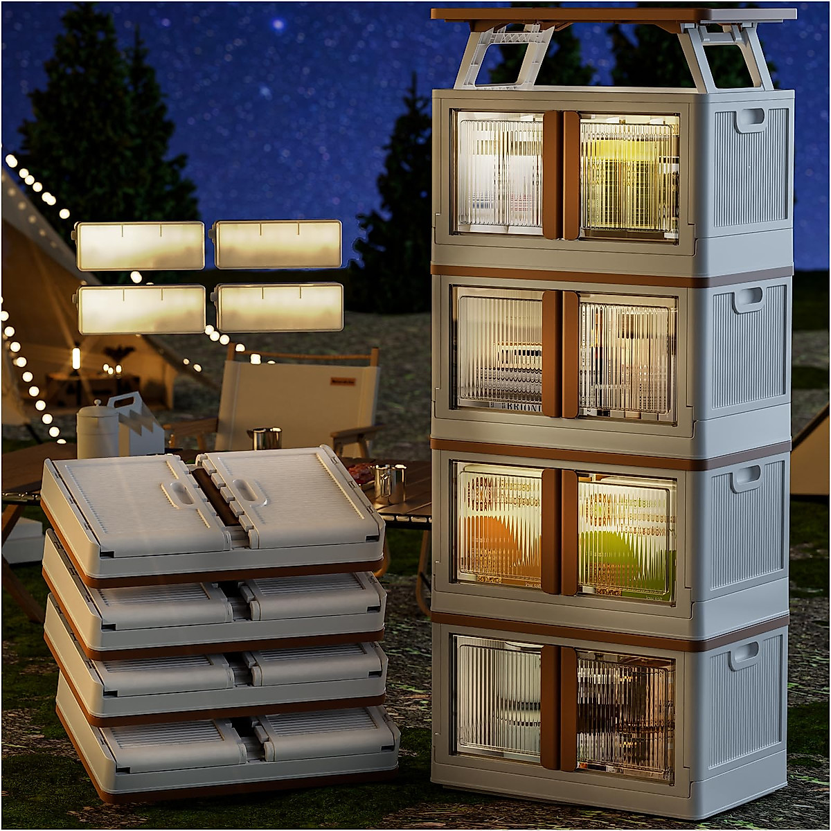 HAIXIN Storage Bins with Lights100 Gallon - Large Stackable Storage Cabinets with Wheels Tabletop & Lights, 78 Qt*4 Plastic Storage Containers for Bedroom Patio Camping Closet Organizers and Storage