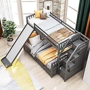 Twin Over Full bunk Bed with Drawers,Storage and Slide - Twin Over Full Bed Frame for Kids, Teens Bedroom, Guest Room Furniture, No Box Spring Needed