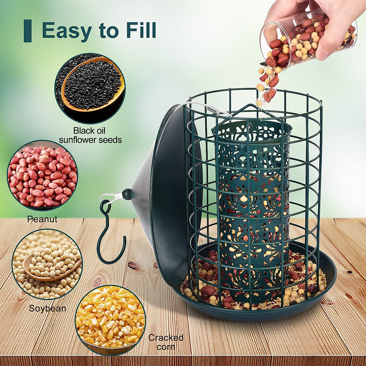 Gaprass Squirrel Proof Bird Feeders, Metal Bird Feeders for Outdoors Hanging, Bird Feeder for 360°Feeding Area for Wild Birds, Chew Proof & Rust Proof, 4lbs Capacity - Green