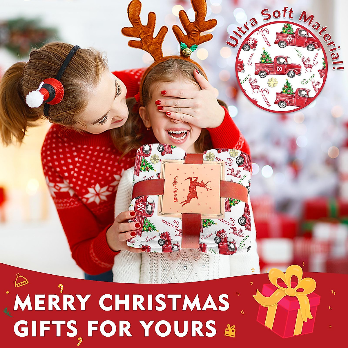 Sofevaim Christmas Blanket Red Truck Christmas Decorations, Bedding Sofa Bed Throw Fluffy Flannel Blanket with Xmas Tree Snowflake Deer Elk New Year Decor Xmas Gift Blankets for Kids Adult 60'' x 50''