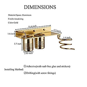 Adhesive or Drilling Blow Dryer Holder Bathroom Storage Shelf Comb Hair Tools Organizer Gold Color