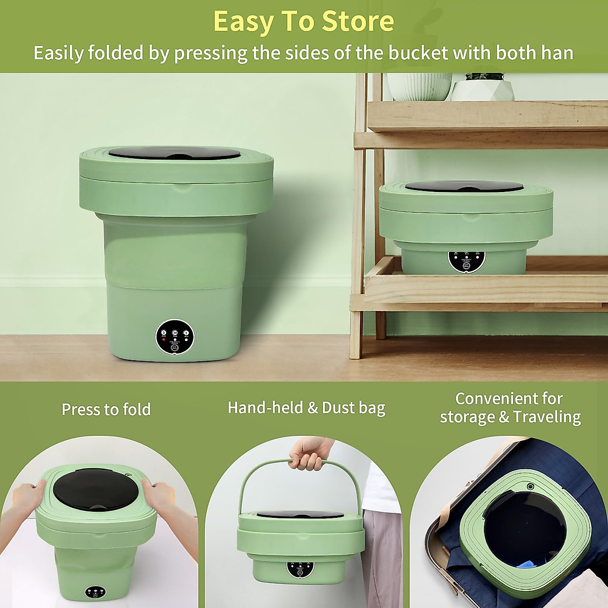Portable Washing Machine,11L Mini Portable Washer With 3 Modes Deep Cleaning,Folding Washer of Underwear &Baby Clothes,Foldable Small Washing Machine for Apartment, Rv, Travel, Camping,Green