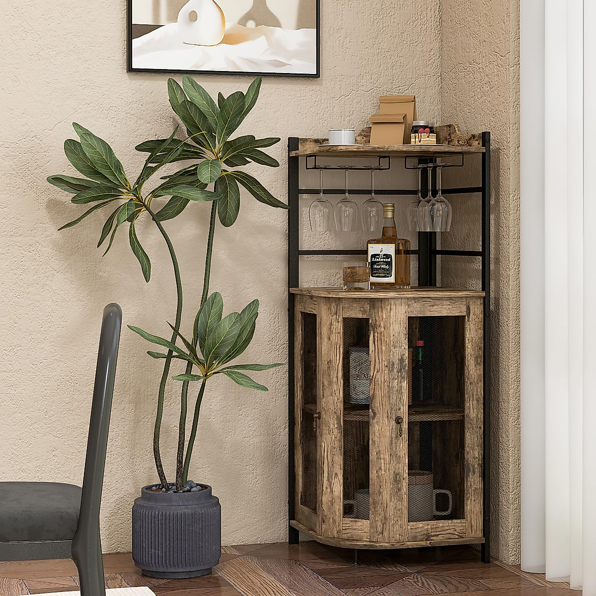 LOKO Corner Wine Bar Cabinet, Industrial Wine Cabinet with Metal Mesh Doors & Adjustable Shelf, Liquor Cabinet with Anti-toppling Device, Rustic Brown, 19 x 19 x 51 Inches (Taupe)