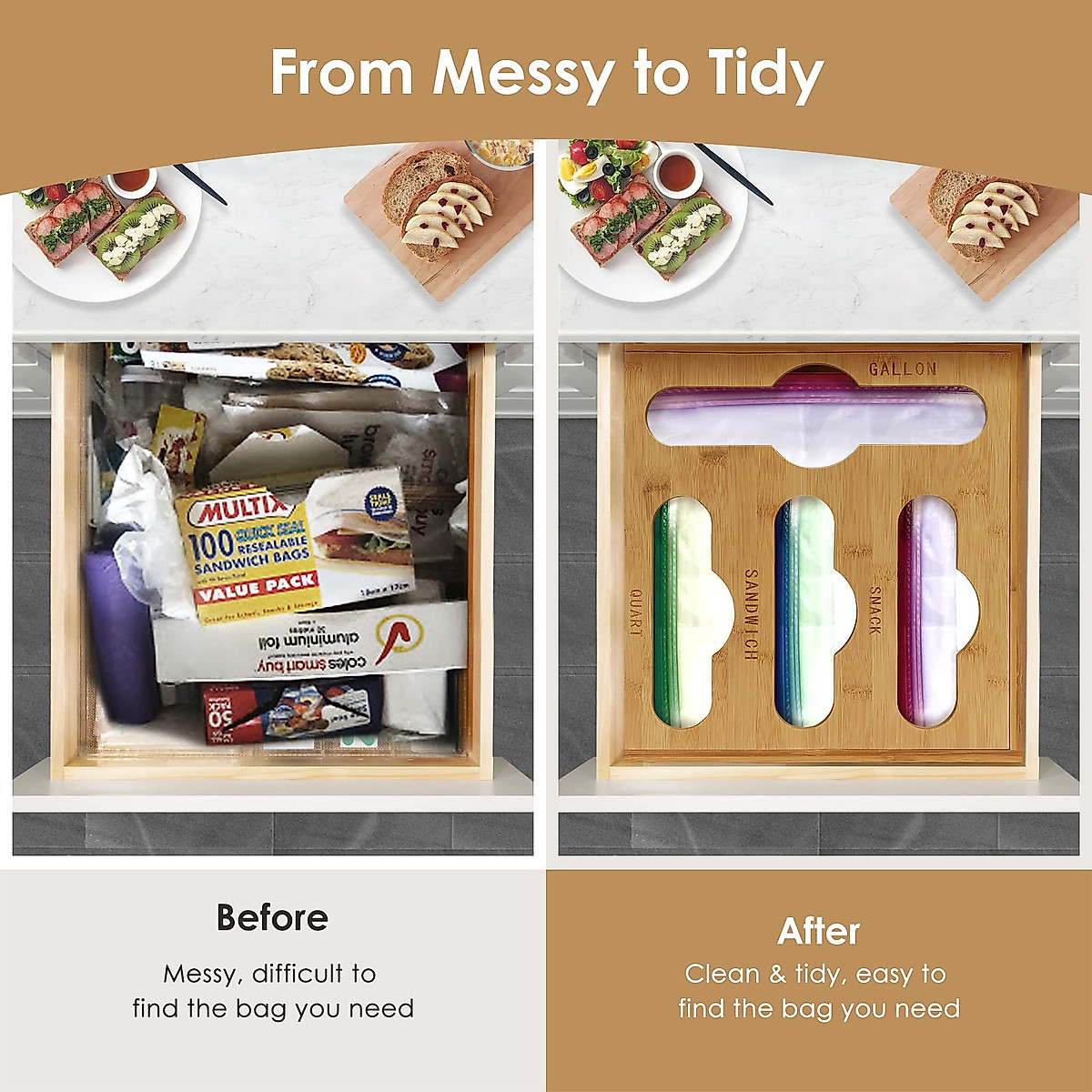 Caredear Bag Storage Organizer for Kitchen Drawer - 12.8" x 12" x 3" Bamboo Bag Organizer, Wall Mount Organizer for Gallon, Quart, Sandwich, Snack, Slider