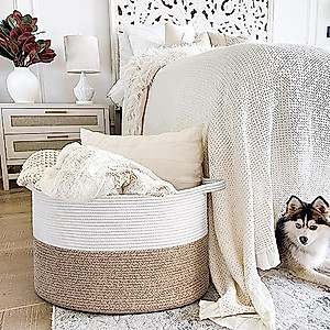 Extra Large Cotton Rope Basket for Living Room,Storage Baskets Bin,Laundry Basket, Woven Storage Basket with Handle for Blankets, Towels and Pillows Laundry Hamper,21" x 21" x 13.8"