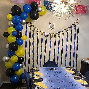 Balloons Blue Yellow and Black 60 Pcs, 12 Inch Dark Blue Yellow and Black Latex Balloons with Metallic Silver Balloons for Boys Police Robots Bat Hero Birthday Graduation Halloween Party Decorations