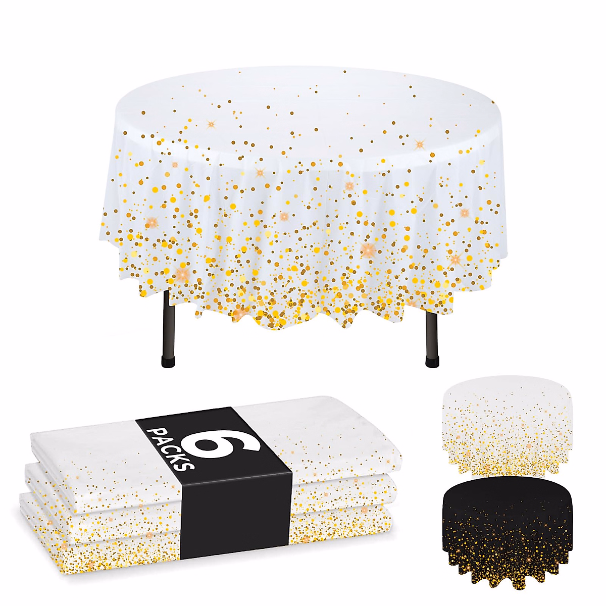 NORZEE 6-Pack White Disposable Plastic Tablecloths, 84" Plastic Table Cloth, Round Table Cover Gold CONFETY (6, White Gold)