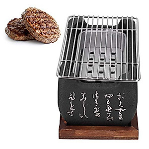 Japanese Style Grill Portable Japanese Charcoal Grill Mini Grill Charcoal Stove Yakitori Grill Household Indoor Barbecue Grill with Wire Mesh Wooden Base for 1-2 Person