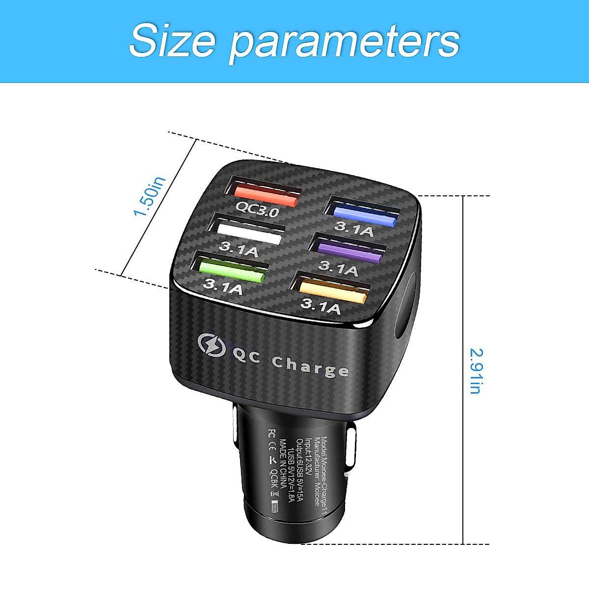 Car Charger Adapter, 6 Ports USB QC3.0 Fast Phone Charger, 32V Upgraded Quick Charging Adapter Compatible with iPhone 13/13 Pro Max/12/XS/XR, Samsung Galaxy (Black/1PCS)