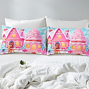 Feelyou Christmas Pink Comforter Cover Set Cute Deer Print Bedding Set Full Size for Kids Boys Girls Bedroom Bed Decor Xmas Christmas Duvet Cover Soft Bedspread Cover,No Comforter