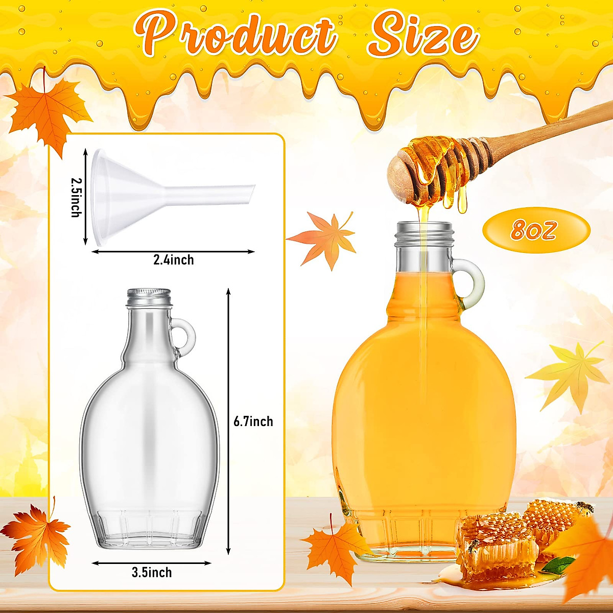 meekoo 24 Pieces 8 oz Glass Syrup Bottles with Aluminum Lid and Loop Handle Glass Maple Syrup Bottles Maple Syrup Jars Syrup Container with 4 Funnels for Potion Juice Milk Storage Gift Sauce Oil