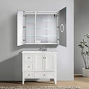 Krugg LED Medicine Cabinet 36 Inch X 36 Inch | Recessed or Surface Mount Mirror Cabinet w/Dimmer & Defogger + 3X Makeup Mirror Inside & Outlet + USB (Right Side Light)