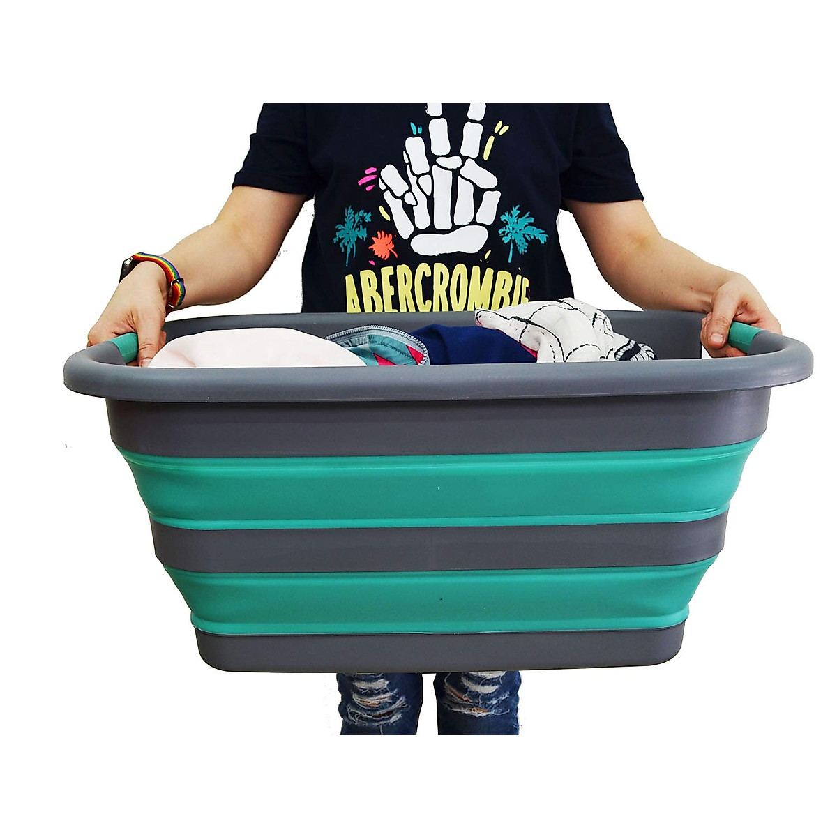 SAMMART 41L Set of 2 Collapsible Plastic Laundry Basket - Foldable Pop Up Storage Container/Organizer - Portable Washing Tub - Space Saving Hamper/Basket (2, Grey/Turquoise Blue)