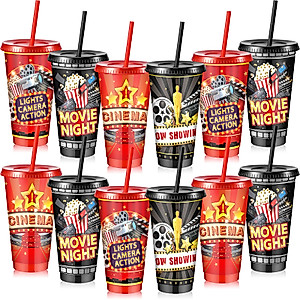 Uiifan 12 Pcs Movie Night Cups 24oz Movie Night Supplies Reusable Tumbler with Lid and Straw Movie Party Decorations Birthday Party Favors