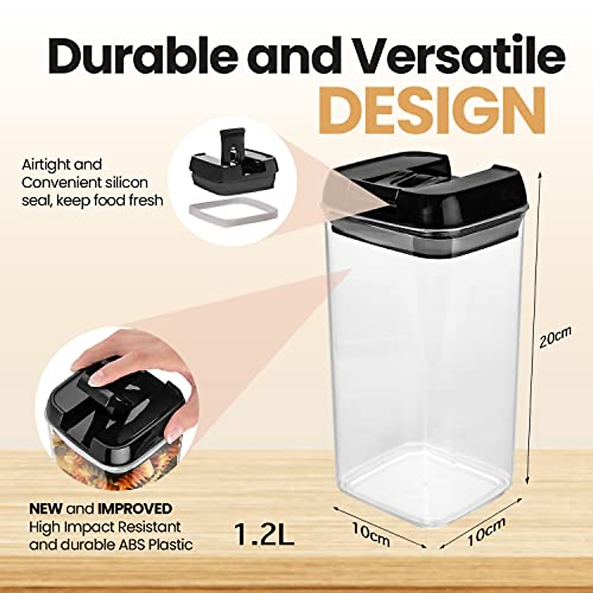 Shazo Airtight Food Storage Container (Set of 6) - BONUS Measuring Cup - Labels & Marker - Durable Plastic - BPA Free - Clear with Improved Lids (Black) - Air Tight Snacks Pantry & Kitchen Canisters