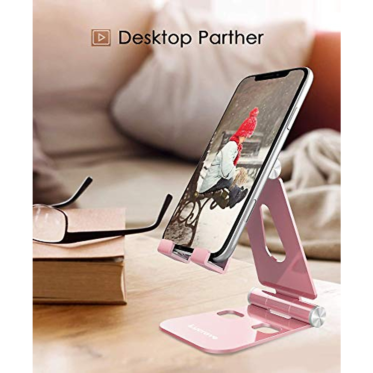 Lucrave Cell Phone Stand, Updated Adjustable Desktop Phone Holder Cradle,Fully Foldable, Compatible with All Phones Android and iPhone 11 Max Xs Xr 8 7 Plus, iPad Mini, Tablets(7-10")-Rose Gold