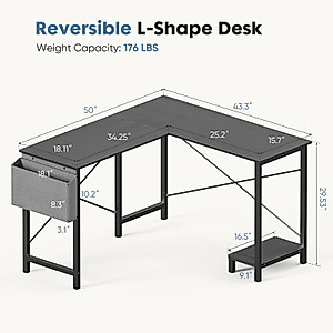 DUMOS L Shaped, Computer Corner PC Gaming Table with Side Storage Bag, Sturdy Desk for Home Office Writing Workstation, 50 Inch, Black