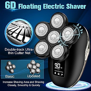 Electric Head Shaver for Bald Men, 6 in 1 Mens Electric Head Razor Bald Head Shaver Cordless Electric Razor Men, IPX7 Wet/Dry Waterproof Men's Rotary with Head Shavers Kit LED Display Silver