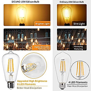 DiCUNO ST64 Edison Bulb Dimmable, Vintage LED Filament Light Bulbs, Warm White 2700K, 10W (100 Watt Equivalent), 1100 Lumens, 120V, E26 Standard Medium Base Clear Glass Retro Lighting, 6 Packs