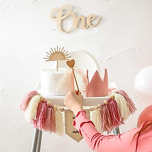 Ikubigu Highchair Banner for 1st Birthday, Handmade Birthday Crown, Highchair Banner, Cake Topper, Baby Shower Photo Props, Birthday Party Decorations Set for Baby Girl Baby Boy(Pink)