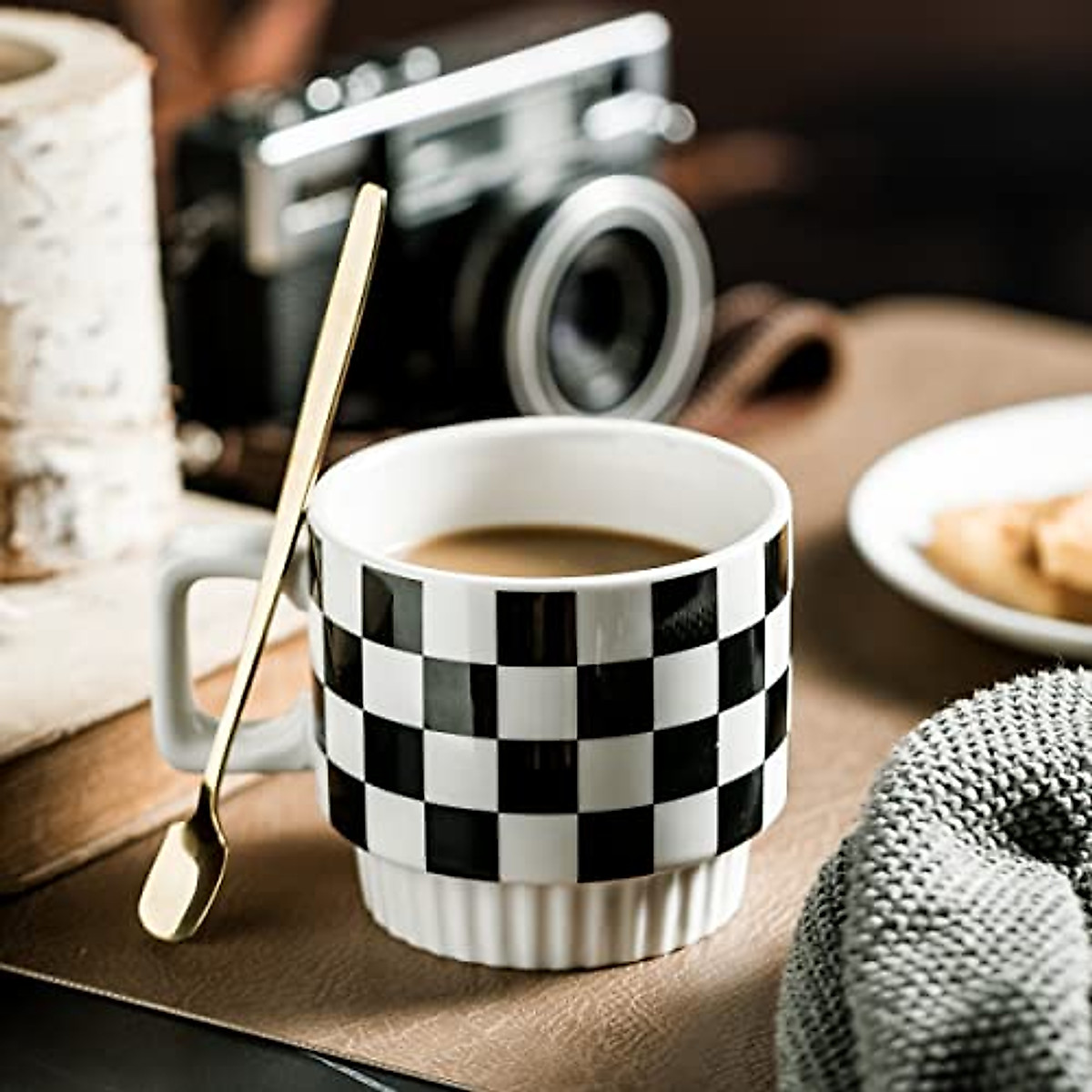Miamolo Stackable Coffee Mug Set of 4 with Rack 11 oz Tea Cup Set with Tea Spoon Perfect for Coffee, Tea, Cocoa, Milk Chessboard Black and White Pattern Coffee Mug as Christmas Gifts