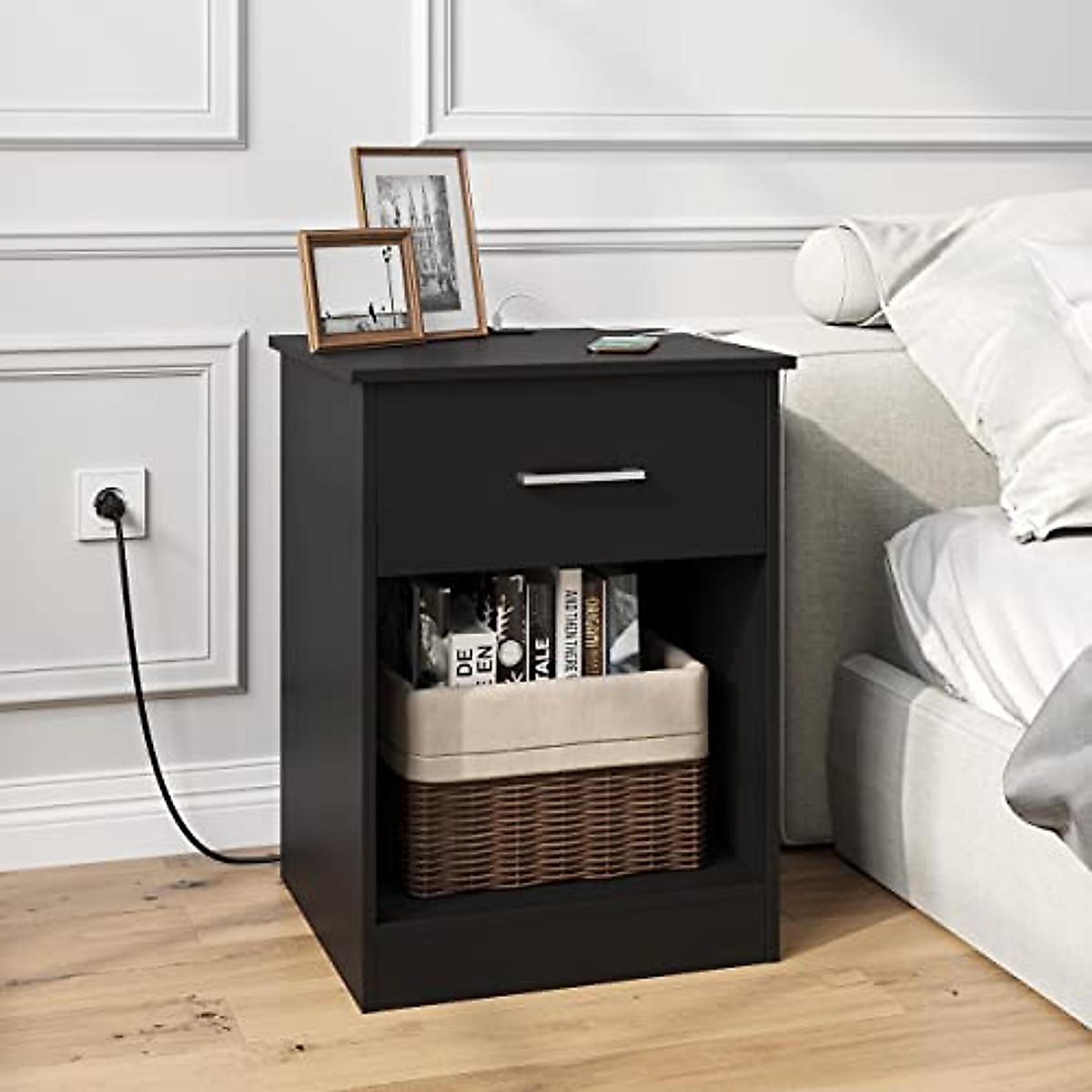Reettic Set of 2 Nightstand with Charging Station and USB Ports & Power Outlets, Wooden End Table with Drawer and Opening Shelf, Side Table for Bedroom, Black RCTG101BE02
