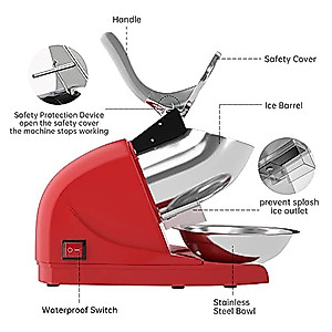 OKF Ice Shaver Prevent Splash Electric Three Blades Snow Cone Maker Stainless Steel Shaved Ice Machine 380W 220lbs/hr Home and Commercial Ice Crushers (Red)