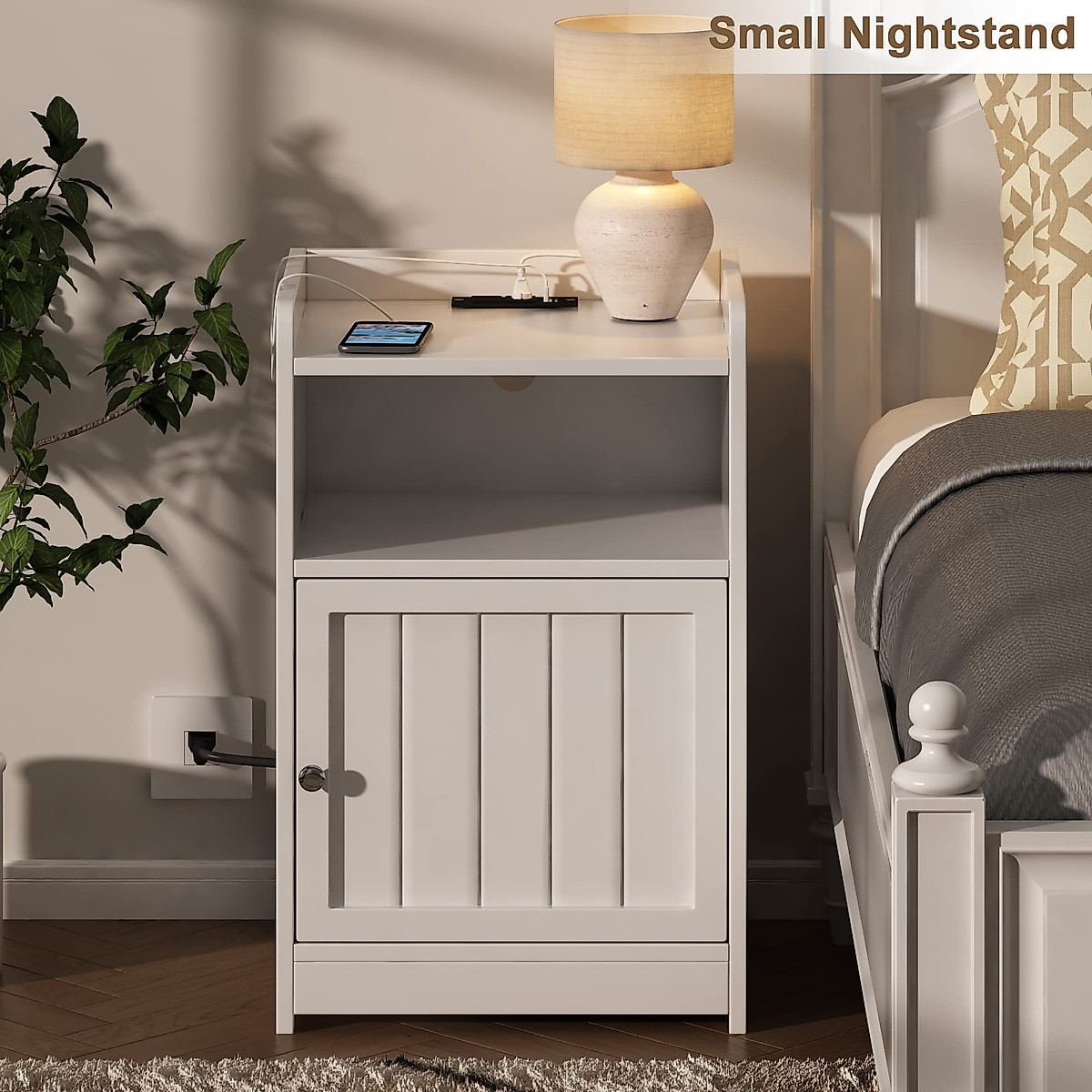ChooChoo Nightstand with Charging Station, Night Stand with Cabinet and Open Storage, 2 AC and USB Power Outlets, Bed Side Table for Bedroom, White