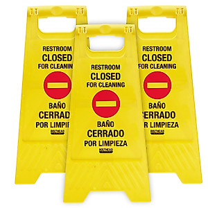 Restroom Closed for Cleaning Bilingual Floor Sign,Double-Sided, Portable, Plastic Yellow Bilingual Bathroom Notice in English and Spanish,Business Supplies for Janitor and Housekeeping (3-pack)