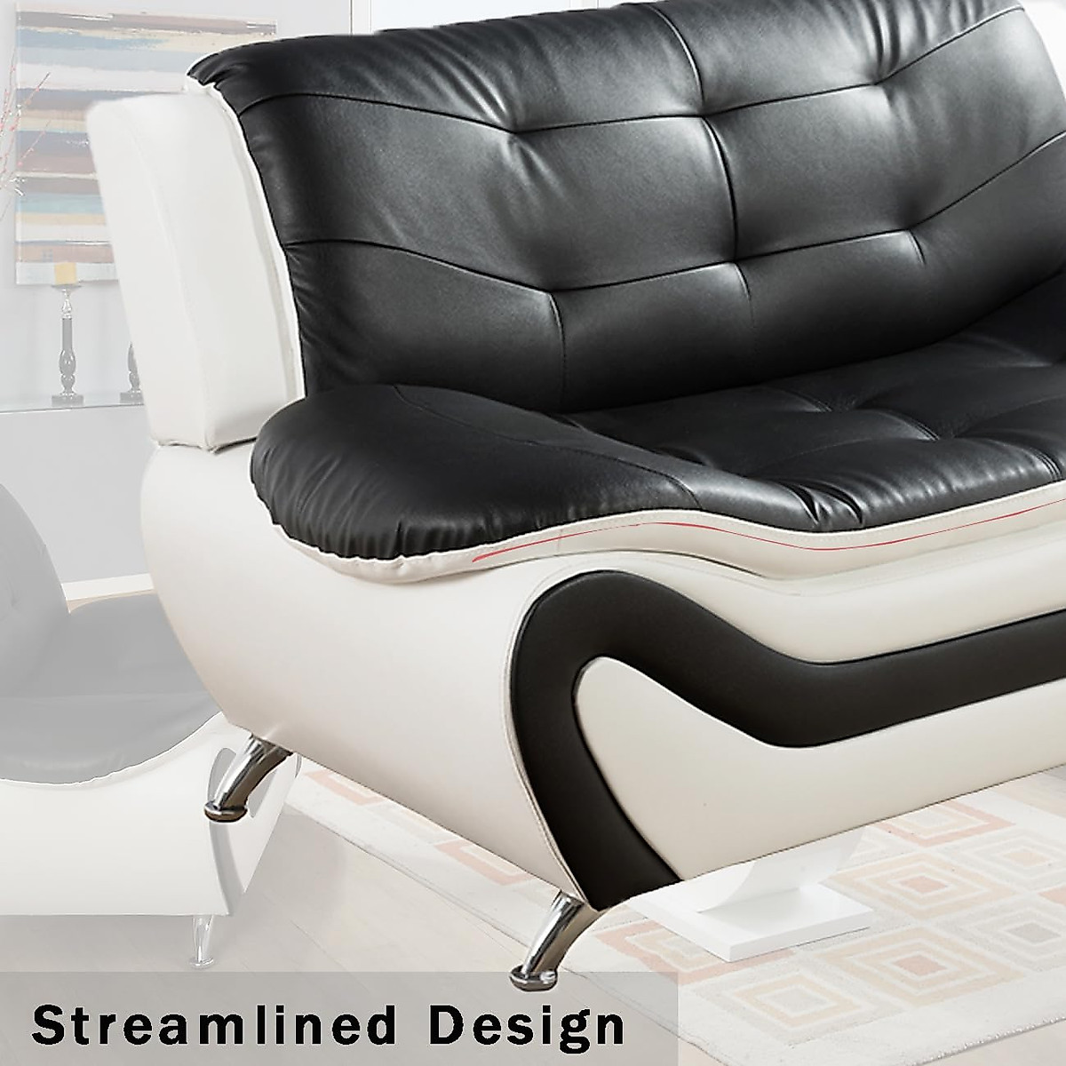 JFlove Modern Leather Sofa Set, Sectional Couches in Faux Leather - A-Leather Black&White, Living Room Furniture for 6 Seater, Includes Sofa, Loveseat, Chair