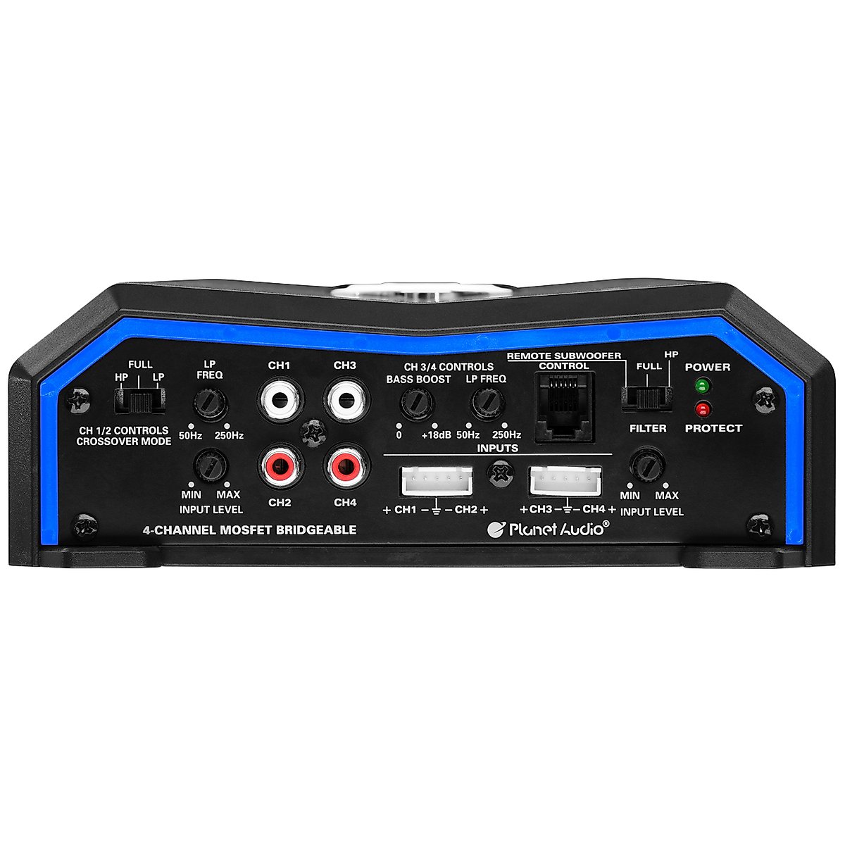 Planet Audio PL2400.4 4 Channel Car Amplifier - 2400 High Output, High/Low Level Inputs, High/Low Pass Crossover, Hook Up to Subwoofer for Bass