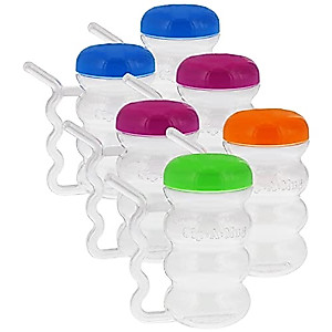 Arrow Home Products Sip-A-Mug, 14oz, 6pk - Easy to Grip Plastic Kid's Cup Where the Handle is the Straw - BPA-free with Screw-On Caps Great for Everyday Use, Made in the USA - Clear with Color Lids