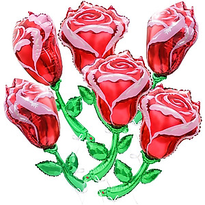 37'' Red Rose Balloons Romantic Decorations Special Night for Valentines Day Anniversary Bridal Wedding Baby Shower Graduation Birthday Party Supplies, 6 Pack Flower Shaped Rose Mylar Foil Balloons