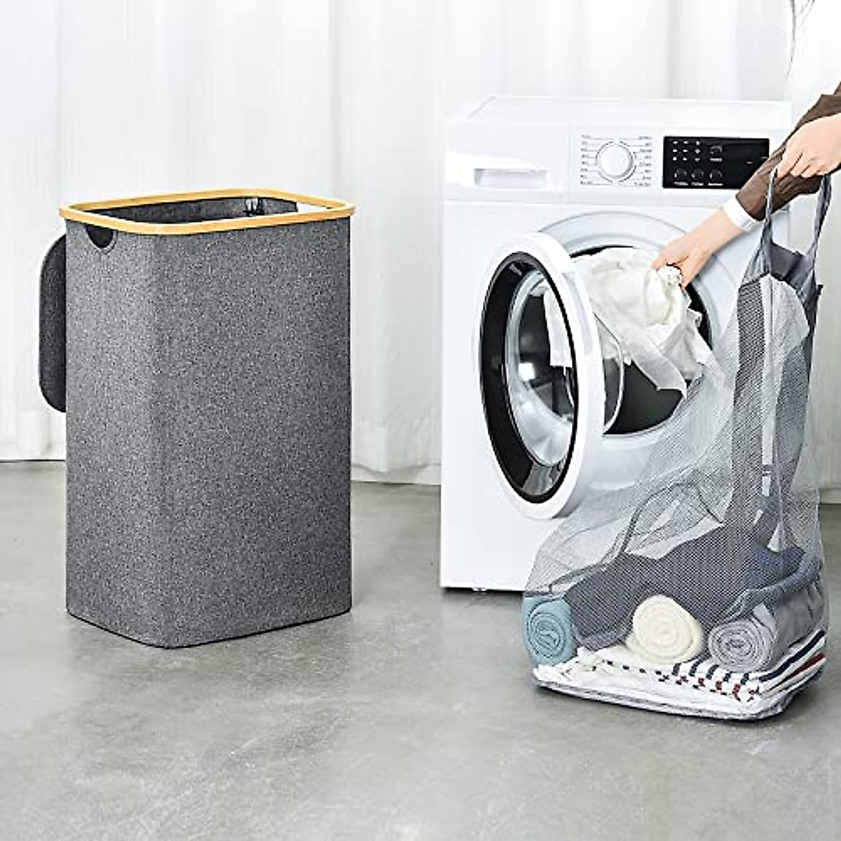 Edergoo Laundry Basket with Lid 100L, Laundry Hamper with Premium Bamboo Handle, Dirty Clothes Hampers for Laundry, 27.6" Tall Bathroom Laundry Basket Freestanding with Removable Bag, Grey