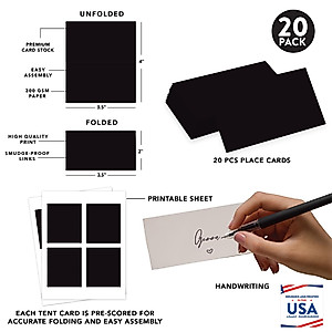 Andaz Press Table Tent Printable Place Cards, Black 20-Pack, Seat Placement Cards Place cards Table Settings Name Cards for Baby Bridal Wedding Shower, School Graduation Food Cards