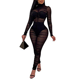 Uni Clau Women One Piece Outfits Mesh Sheer Bodycon Jumpsuit Long Sleeve See Through Party Catsuit Jumpsuits Black S