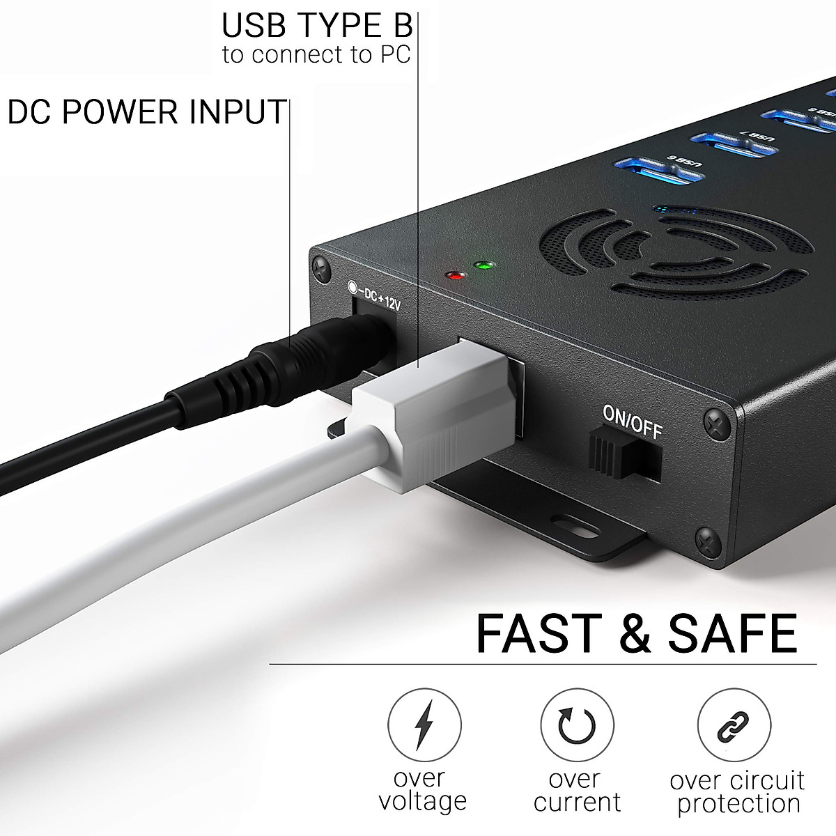 BrovSS: 10 Ports USB 2.0 Powered Hub - USB Extension Splitter with 12V 5A 60W Power Adapter. Plug and Play Installation. Connect up to 10 Electronics and USB peripherals (Black)