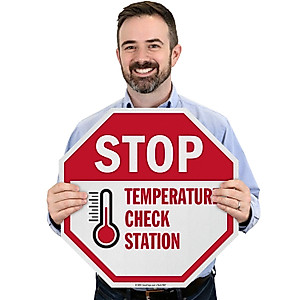 SmartSign “Stop - Temperature Check Station” Anti Slip Adhesive Octagonal Floor Sign | 17" x 17"