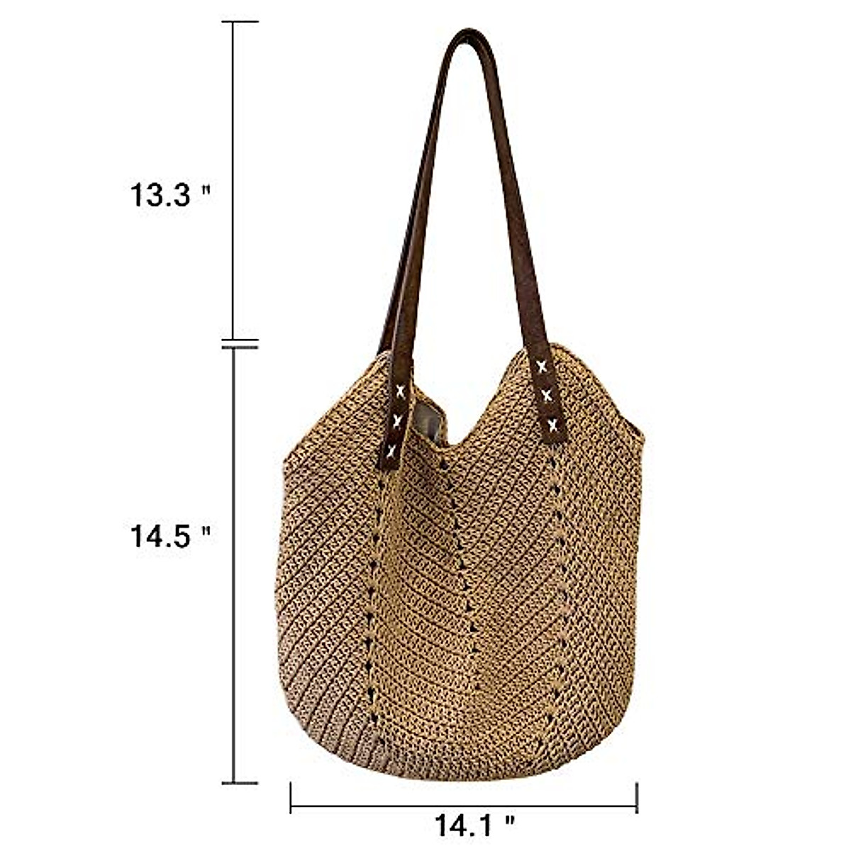 QTKJ Hand-woven Soft Boho Women's Summer Crochet Beach Shoulder Bag PU Leather Handle Woven Handbag for Women (Brown)