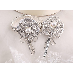 BingooPan Wrist Corsage Wristlet and Boutonniere Set 2 with Artificial Pearl for Luxury Wedding Party Prom (Ivory)