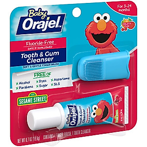 Orajel Elmo Fluoride-Free Tooth & Gum Cleanser with Finger Brush, Combo Pack, Fruity Fun Flavored Non-Fluoride, 0.7 oz.
