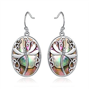 Barzel 18K White Gold Plated Abalone Dragonfly Dangling Earrings for Women - Made in Brazil