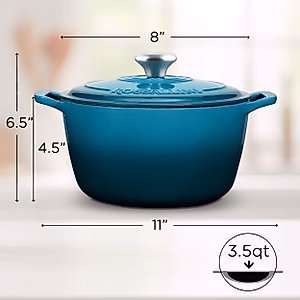 ROSSALLINI Signature Enameled Cast Iron Dutch Oven, Non-Stick Serving Pot with Tight Fitting Lid for Perfect Roasting, Baking, Sauteing, and Bread Making | 3.5Q (3.3L) - Ocean Blue