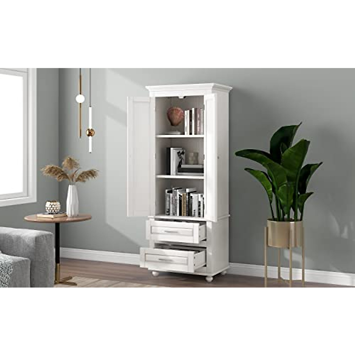 Tall Storage Cabinet with 2 Drawers and Double Door for Bathroom/Office, White Freestanding Kitchen Pantry Cabinet, Bathroom Cupboard w/Adjustable Shelf, Floor Cabinet Bookcase with Door (White-ty1)