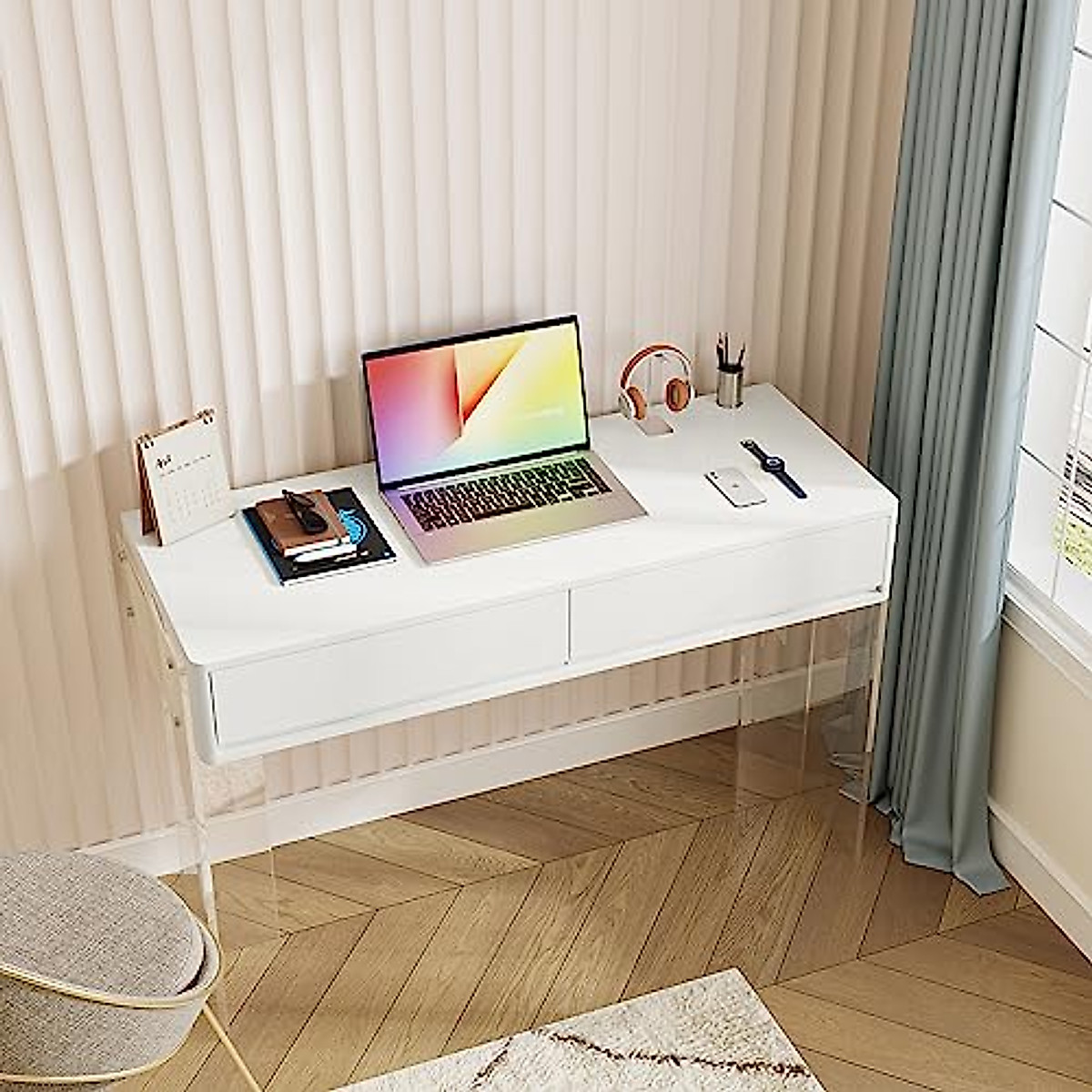 LITTLE TREE Computer Desk with Acrylic Legs, Home Office Desk with 2 Drawers, Modern White Desk with Storage, Makeup Vanity Desk for Bedroom
