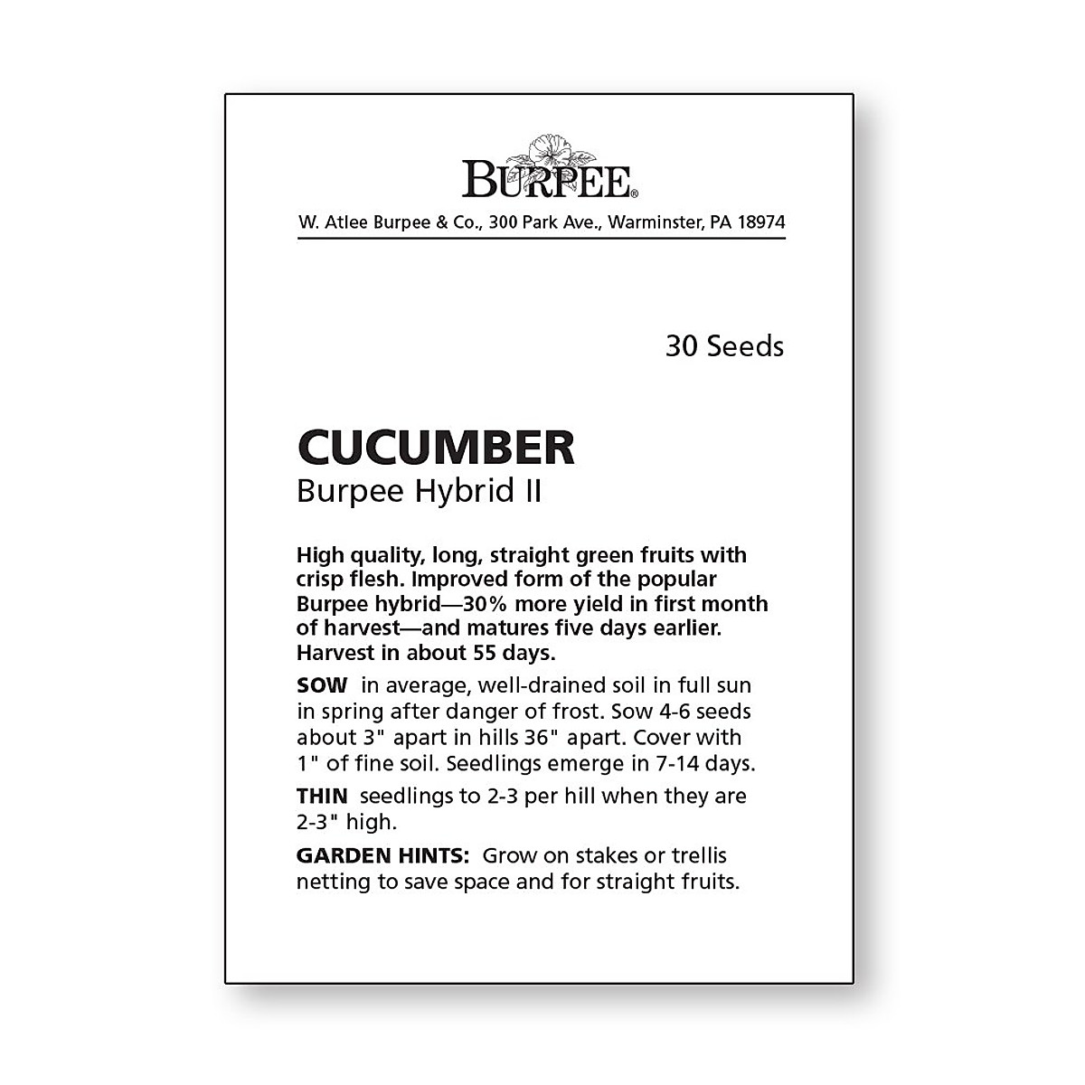 Burpee Hybrid II Slicing Cucumber Seeds 30 seeds