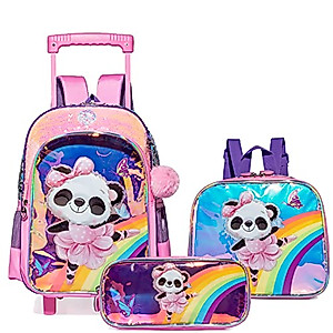 HTgroce 3pcs Panda Rolling Backpack Girls Travel Roller Bag with Wheels Kids School Bags Wheeled Luggage Backpack