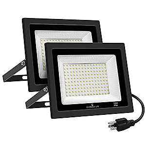 GLORIOUS-LITE 2 Pack 100W LED Flood Light Outdoor, 10000LM LED Work Light with Plug, 6000K Daylight White, IP66 Waterproof Outdoor Floodlights for Yard, Garden, Playground