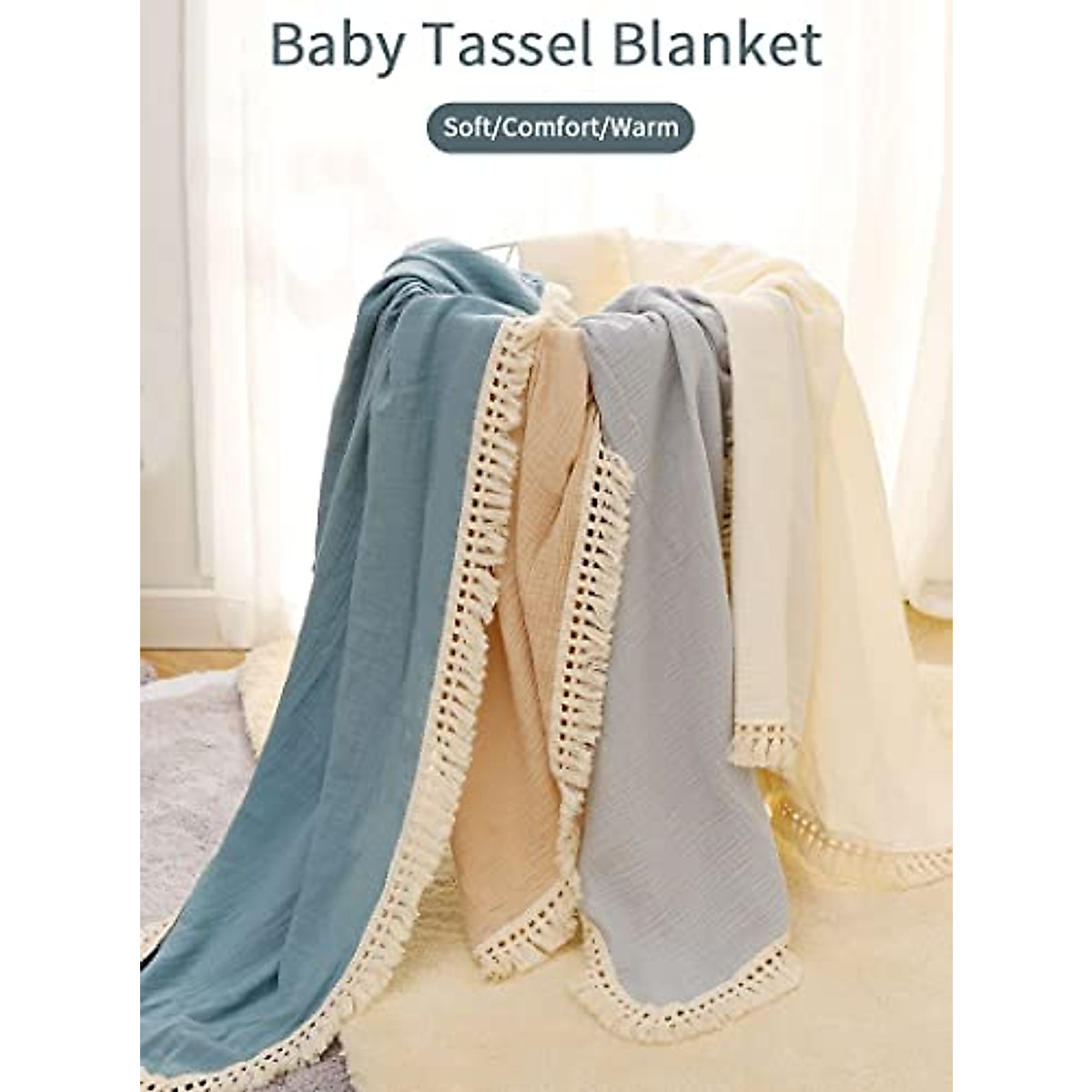 CHUNGEL Cotton Muslin Baby Blanket with Tassel，Large 47" x 47" Baby Receiving Blanket with Fringe, Boho Muslin Swaddle Blanket with Fringe, Nursery Decor Throw or Nursing Fringed Blankets (White)